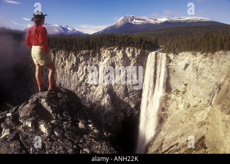 Hiker at Hunlen Falls, Tweedsmuir Park, Turner Lake Trail, British ...