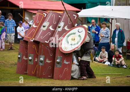 Roman soldiers in defensive formation with shields and weaponry at a ...