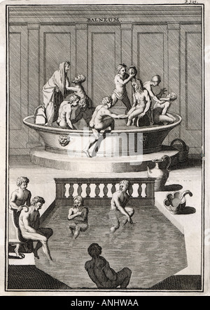 Bathing and washing in Ancient Rome. Men and boys using 'strigiles' in ...