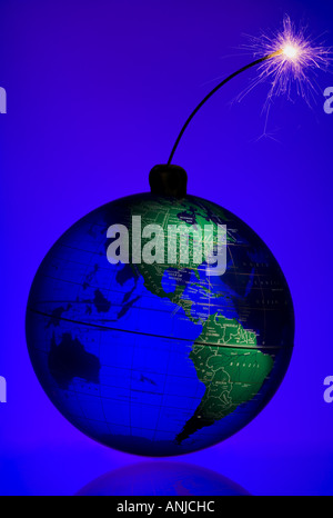 Earth Globe as bomb with burning fuse, 3D rendering isolated on white ...
