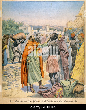 The slave market in Marrakech, Morocco. Old XIX century engraved ...