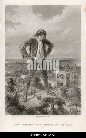 The Lilliputian army march between the legs of Gulliver, from French ...