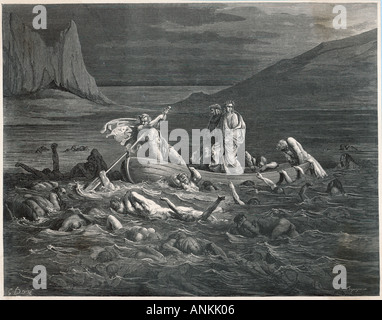 Divine Comedy. Dante and Virgil cross the river Styx in the boat of ...