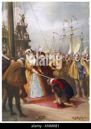 Francis Drake knighted in Deptford by Queen Elizabeth I Stock Photo - Alamy