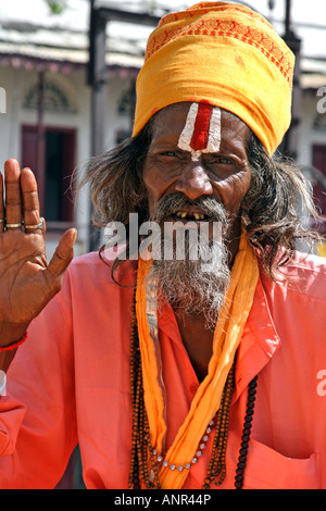 Close up of an Old Indian sadhu (saint), priest with white beard and ...