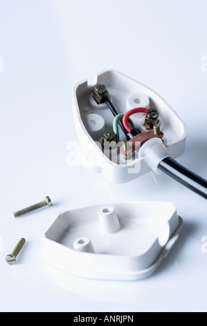 Close-up an open electric 3 pin plug showing correct wiring, South ...