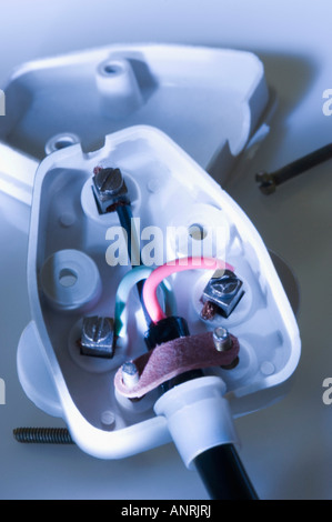 Close-up an open electric 3 pin plug showing correct wiring, South ...