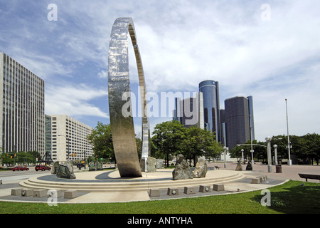 Sculptures on the riverfront in downtown Detroit city Michigan MI Stock ...