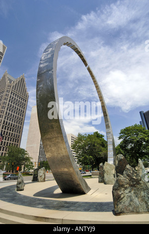 Sculptures on the riverfront in downtown Detroit city Michigan MI Stock ...