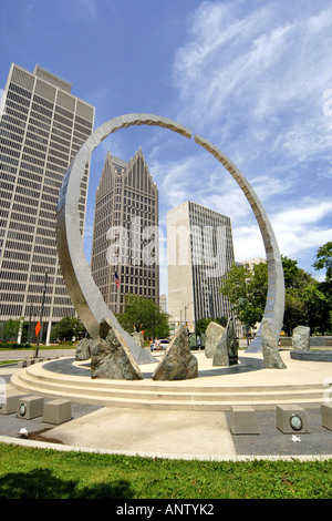 Sculptures on the riverfront in downtown Detroit city Michigan MI Stock ...