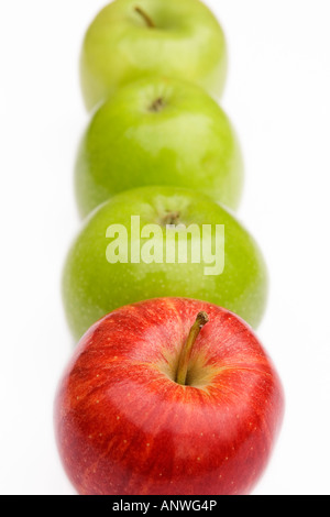Four apples Malus domestica with red and yellow skin are placed on a ...