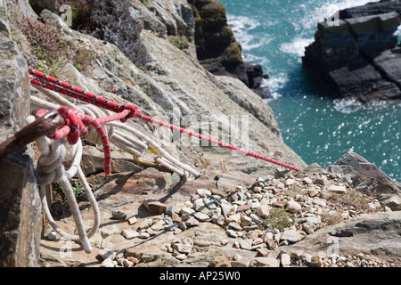 CLIMBING ROPES attached to fixed belay at top of Gogarth South Stack ...