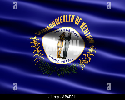 The US state flag of Kentucky waving. Two men embracing, motto "United ...