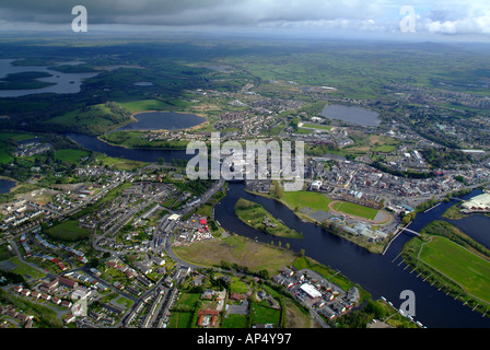 Aerial of Enniskillen and Lower lough erne over Erne river upper ...