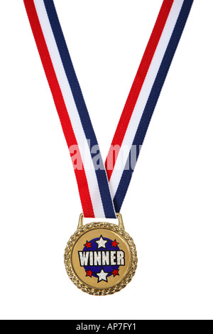 A gold olympics medal with clipping path isolated on white with blue ...