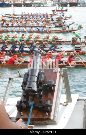 Dragon boats line up for the start of their competition in Aberdeen ...