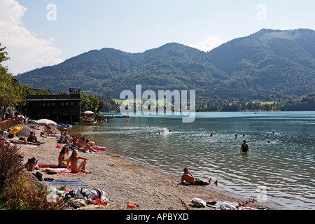 People relaxing at beach Lake Fuschl Fuschl am See Salzkammergut ...