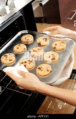 Baking tray with chocolate cookies on light background Stock Photo - Alamy