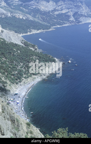 Cliffs and beach near entrance Balaclava bay Black Sea Crimea Ukraine ...
