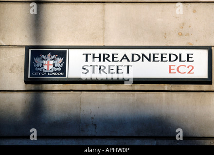 Street sign for Threadneedle Street, EC2, in the City of london ...