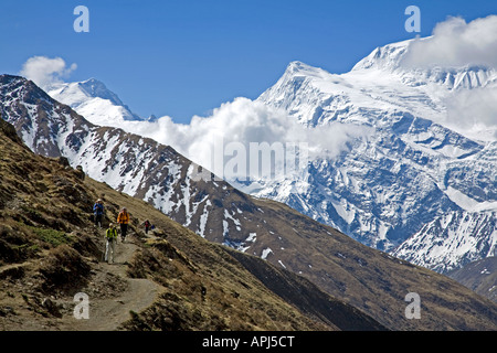 Trekkers on the way to Thorung Phedi. Annapurna circuit trek. Nepal ...