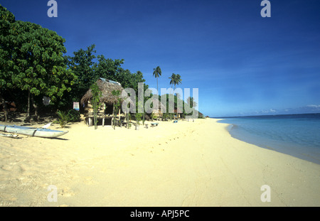 Traditional Tongan fale on a beach with palm trees on Uoleva, Tonga ...