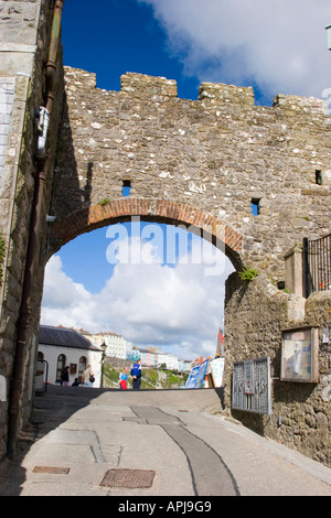 Ancient town walls in Tenby shelter the more modern Imperial hotel ...