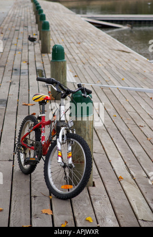 Bike leaning on a pole in a park at sunset Stock Photo - Alamy