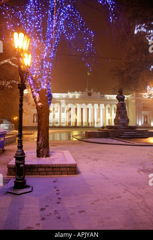 Pushkin Memorial and Odessa City Hall (Duma) during an evening ...