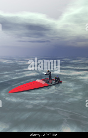 Businessmen bailing out a sinking boat while circled by sharks Stock ...