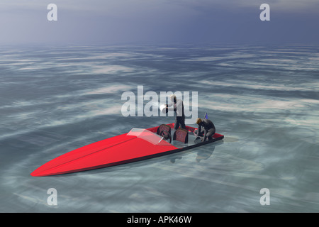 Businessmen bailing out a sinking boat while circled by sharks Stock ...