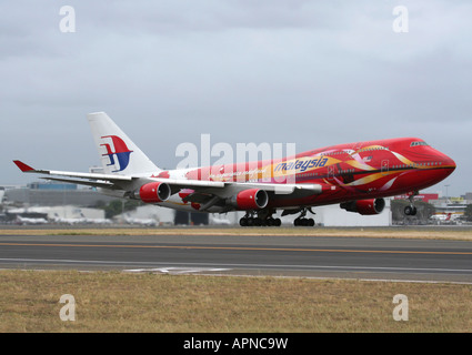 Malaysia Airlines Boeing 747-400 jumbo jet on arrival. Close up front ...
