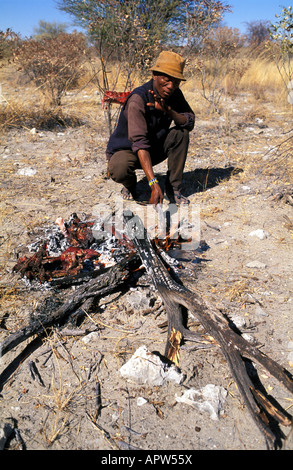 Bushman roasting Oryx meat in the fire Namibia Stock Photo: 15866774 ...