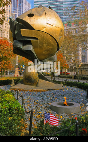 9-11 memorial, "The Sphere" bronze sculpture damaged during the attacks ...