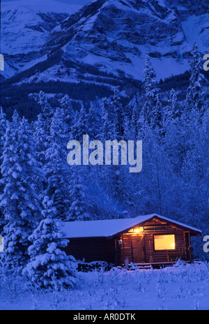 Interior Alaska Log Cabin Forest Winter Porch Light Snow Sky Dusk Stock ...