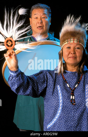 Yupik Woman w/dance fans & Headdress SC Alaska studio portrait Stock ...