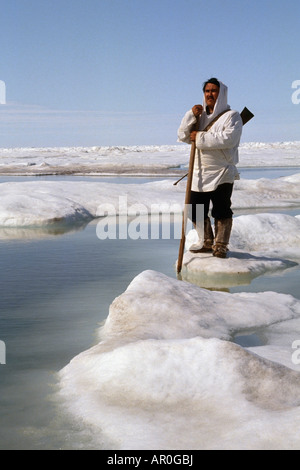 Inupiat Eskimo on ice floe Barrow Arctic Ocean AK Summer Spring Alaska ...