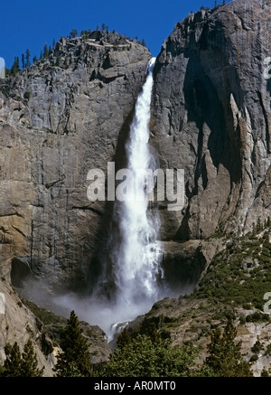 A scenic view of the Lower Yosemite Fall in Yosemite Valley, Mariposa ...