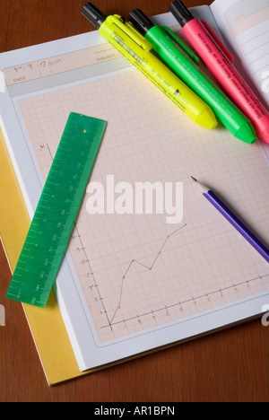 Close up of notebook with rulers and writing material on white ...