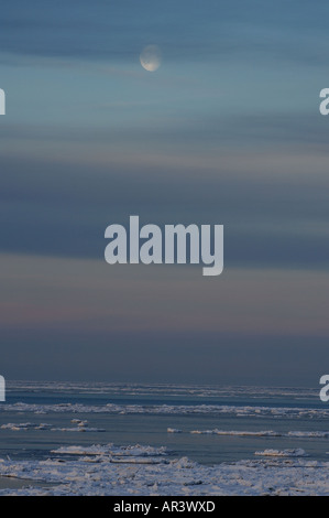 moon over the Arctic ocean during fall freeze up off the coast of the ...