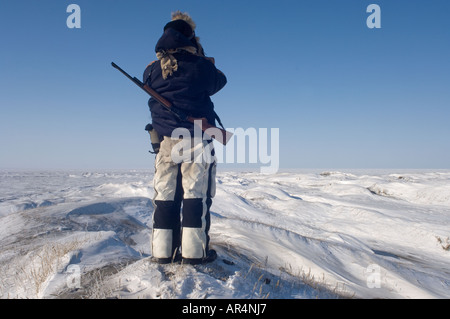inupiat hunter scouts the landscape for wildlife along the Arctic coast ...