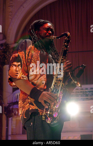 Jazz musician Courtney Pine performing on saxophone at Cheltenham Jazz ...