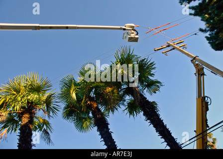 A boom crane lifts and secures power lines during installation of a new ...