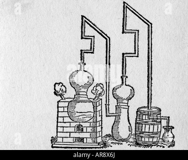 alchemy, distillation, distillation device, oven, woodcut, Hieronymus ...