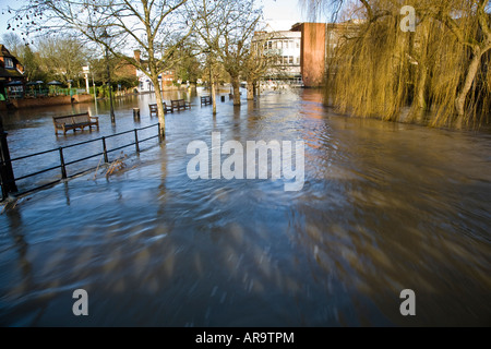 Guildford town centre, flooded by River Wey at night, during Christmas ...