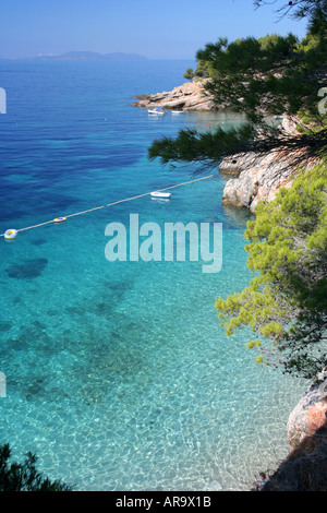 A spectacular sapphire bay near camping site in Jagodna village on Hvar ...