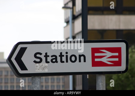 Train station directional sign for road users giving the direction to a ...