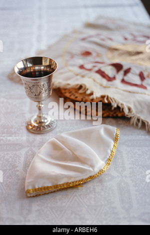 Passover table setting with a traditional Passover seder plate with ...