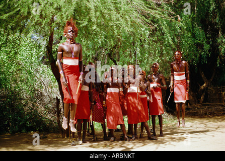 A group of Samburu men dancing and jumping near Samburu National ...