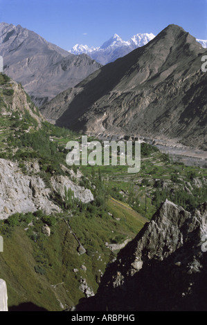 Scenic vertical landscape view of Hunza river and valley, Hunza Nagar ...